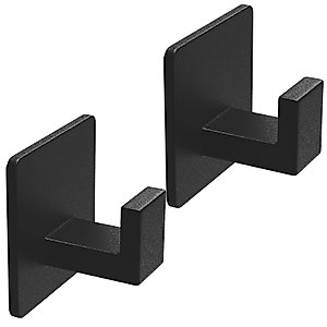 VAEHOLD Adhesive Towel Hooks, Heavy Duty Wall Hooks Aluminum Black Hooks for Hanging Coat, Hat, Towel, Robe, Clothes, Shower Hook for Door, Office, Kitchen, Bathroom - 2 Pack (Black)