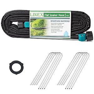 LINEX Garden Flat Soaker Hose 1/2" x 25 ft with Stake for Garden Beds Drip Sprinkler Hoses Heavy Duty Save Water 80%