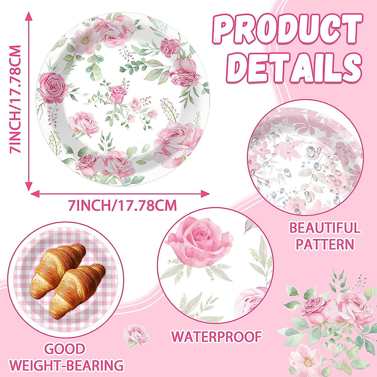 Justforjoyful 48Pcs Floral Paper Plates Pink Rose Party Decoration Disposable Vintage Flower Party Dinnerware Tableware Set Tea Party Dinner Plate for Birthday Wedding Baby Shower Party Supplies 7in