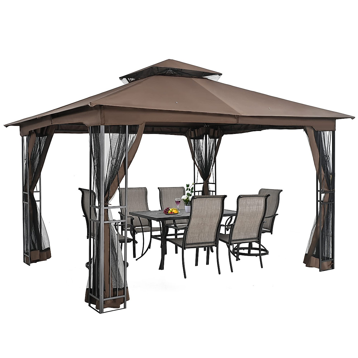 HAPPATIO 10' X 12' Patio Gazebo with Ventilation Double Roof, Outdoor Gazebo with Mosquito Netting for Lawn, Garden (Dark Brown)