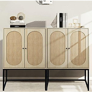 Lamerge Natural Rattan Cabinet Set of 2,Sideboard Buffet Cupboard Accent Cabinet with 2 Door,Adjustable Shelves,Free Standing Bookmatch,High Cabinet,RusticOak Beige