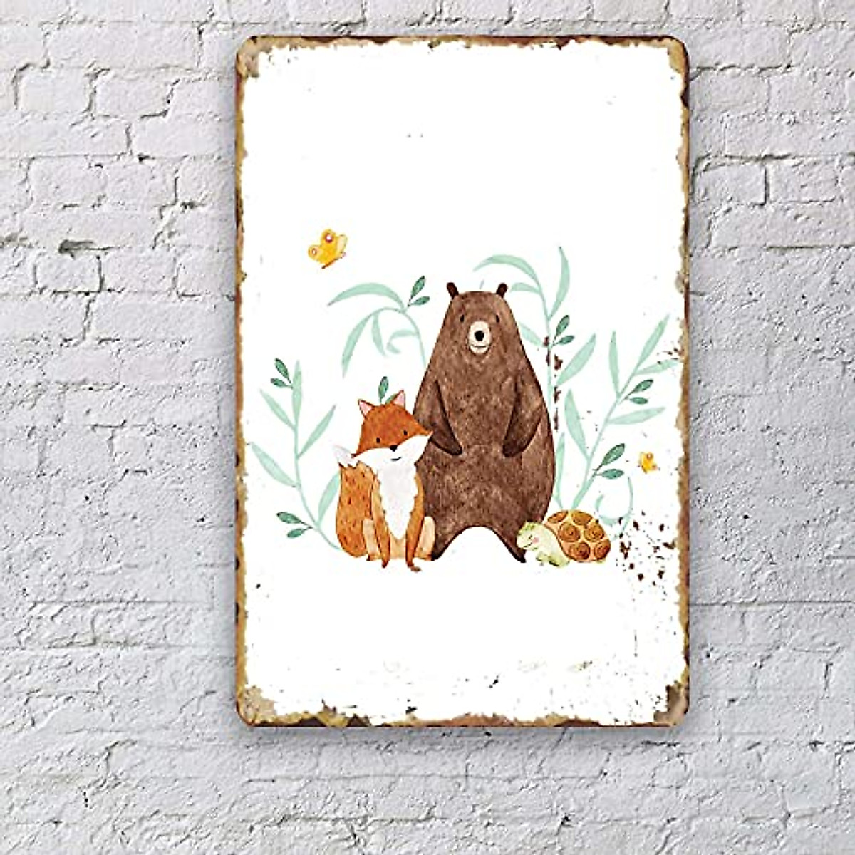 AXCISXK Tin Sign Bear Fox Print Animal Art Watercolour Woodland Illustration Nursery Decor Nursery Wall Art Kids Room Play Room Jungle Animal Vintage Metal Tin Sign Bar Pub Cafe 8x12inch