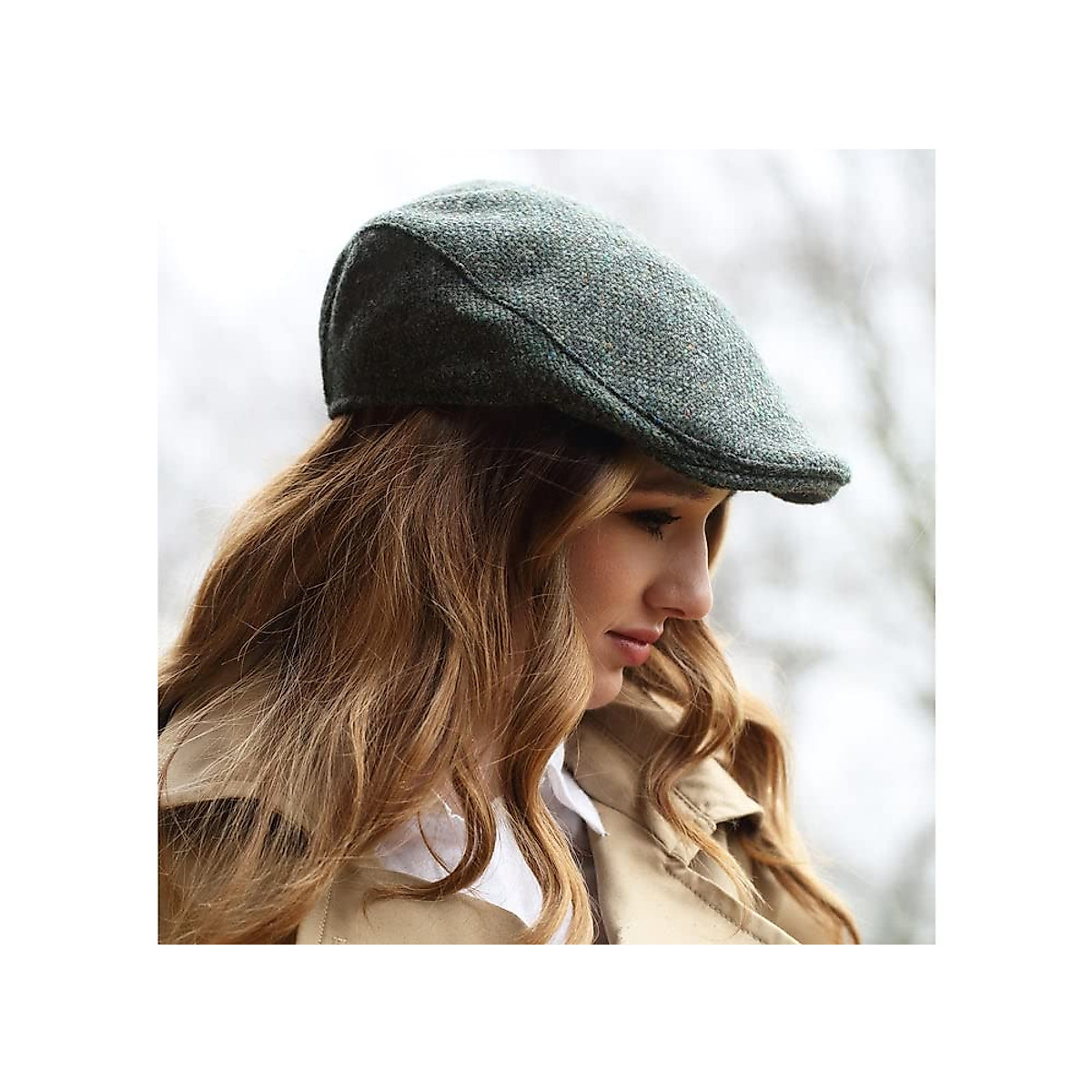 Hanna Hats Traditional Irish Tweed Wool Donegal Touring Cap - Dark Green Fleck Salt & Pepper. Unisex Flat Style Ivy Hat. Sewn Down Peak and Taffeta Lining. 100% Made in Ireland Medium 58-59cm.
