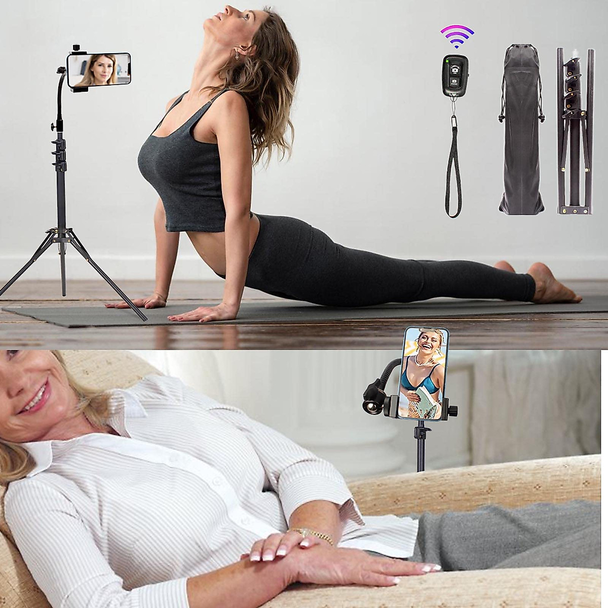 Phone Tripod, Phone Video Stand with Remote, Height Adjustable Ball Head, Gooseneck Phone Floor Holder for iPhone15, iPhone15 Plus, iPhone15 Pro, iPhone15 Pro Max, iPhone 14,14 Pro, Plus, 13, 12, 11