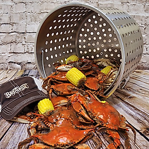 Bayou Classic 1140 40-qt Stainless Stockpot w/ Elevated Steam Basket and Spigot Features Stainless Ball Valve Spigot, Heavy Welded Handles Stainless Vented Lid Stainless Perforated Basket