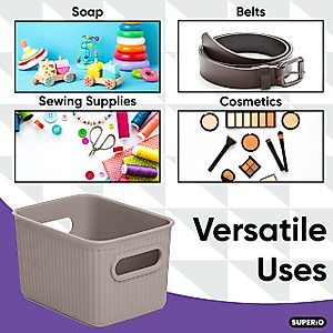 Superio Ribbed Collection - Decorative Plastic Open Home Storage Bins Organizer Baskets, Small Taupe (6 Pack) Container Boxes for Organizing Closet Shelves Drawer Shelf 1.5 Liter