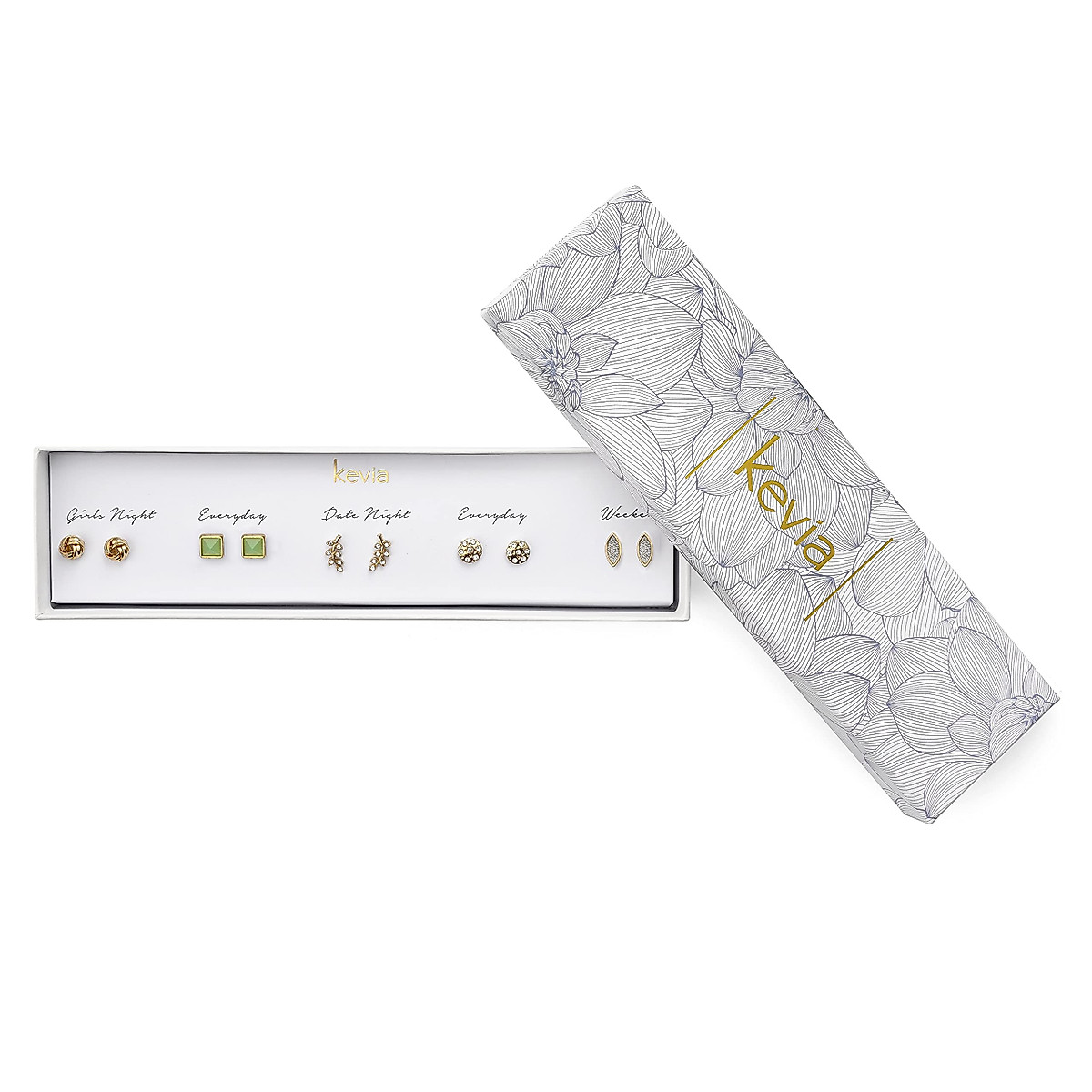 Kevia Set of 5 Stud Earrings in Gold with Green Gemstone, CZ & Leaf & Knot Accents