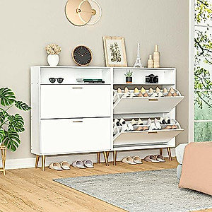 NOVAMAISON Shoe Cabinet for Entryway, Narrow Shoe Storage Cabinet with 2 Flip Doors and Shelf, Freestanding Shoe Organizer for Hallway, Bedroom, Apartment, White