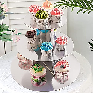 3-Tier Round Cardboard Cupcake Stand (12" W x 13.5" H) Birthday Wedding Special Event Decoration Reusable (1PC) (Silver)