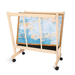 GENMOUS Wood Large Print Rack with Castors - Artist Display and Storage Rack,Natural Wooden Storage & Crafts Drying Racks for Canvas,Artwork,Prints,Panels,Posters,Art Shows & Galleries Display Stands