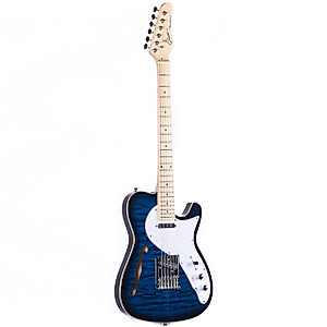 Grote Electric Guitar Semi-Hollow Body Single F-Hole Printed Tele Style Guitar Full-Size Basswood with Canadian Maple neck Chrome Hardware Picks (Blue)