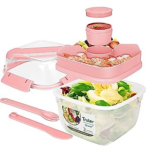 Triiter 55-oz Salad Lunch Box, Pink, BPA-Free Plastic, Leak-Proof, Convenient Compartments, Extra-Large Capacity