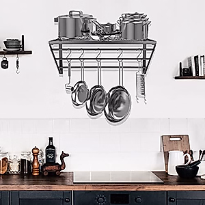 Clastyle 3 Tier Hanging Pot Rack for Kitchen Wall Mounted Pot and Pan Holder with 10 Hooks Stainless Steel Kitchenware Pot Saucepan Hanger, Matte Black