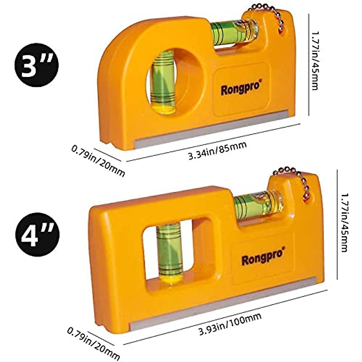 RONGPRO Magnetic Small Pocket Level Tool, Spirit Level Metal Keychain Hook Easy Carry and Storage, Premium Picture Hanging Tool with two Bubble - 2 pack