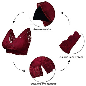 SHEKINI Lace Bralettes Womens Padded Deep V-Neck Wireless Bra Floral Sexy Comfort Everyday Bra Wine Red