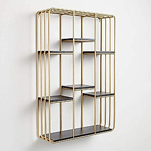 PIBM Stylish Simplicity Shelf Wall Mounted Floating Rack Shelves Simple Rect Iron Art Wooden Storage Multifunction Bookshelf,4 Layers, Gold , 60x16.5x90cm