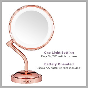 Conair Lighted Makeup-Mirror with Magnification, LED Vanity-Mirror, 1X/5X Magnifying-Mirror, Double Sided-Mirror, Operated in-Battery Rose Gold
