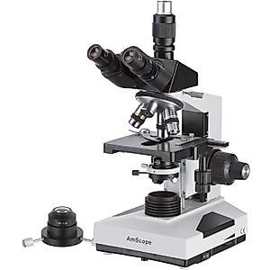 AmScope T490B-DK Compound Trinocular Microscope, WF10x and WF20x Eyepieces, 40X-2000X Magnification, Brightfield/Darkfield, Halogen Illumination, Abbe Condenser, Double-Layer Mechanical Stage, Sliding Head, High-Resolution Optics
