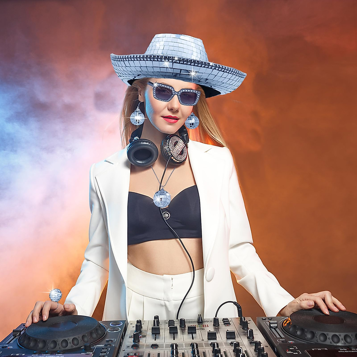 Tongnian Disco Ball Cowboy Hat, 1970s Disco Accessories Set Silver Cowgirl Hat with Disco Ball Necklace, Earrings, Ring and Sunglasses for Women Party