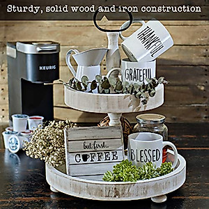 Farmhouse Tiered Tray with Beads Home Decor, Round 2 Tier Tray Cupcake Server, Kitchen Tiered Tray Decor Set, Wooden Two Tier Tray with Beads Coffee Table, White 2 Tiered Tray Farmhouse Display Stand