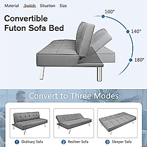 Majnesvon Convertible Folding Futon Sofa Bed,Modern Fabric Sleeper Couch Bed,Recliner Sofa with Chrome Legs for Living Room Dorms Apartment Office Grey