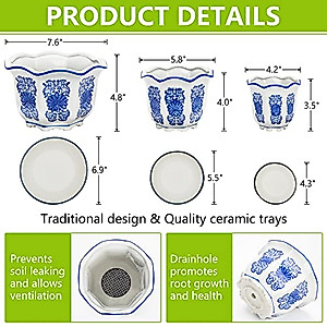 Trendy Chicon Point Oriental Blue and White Porcelain Plant pots with Drainage Holes, mesh Tray for Indoor Outdoor Plants. Set of 3 Chinoiserie Designs (7.6x4.8, 5.8x4.0, 4.2x3.5, Asian), Blue,white