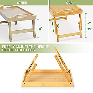 Mayyol Breakfast Bed Tray for Eating - Raised Food Table Up to 9.5" on Lap Sofa - Adjustable Bamboo Serving Tray - Portable Snack Platter with Folding Legs Ideal for Bedroom Picnic