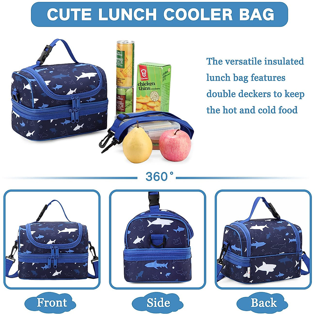 VASCHY Lunch Box Bag Kids, Insulated Two Compartments Cooler Bags for Boys Girls w Shoulder Strap for School,Daycare,Kindergarten,Picnic Shark