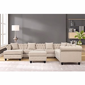 Morden Fort Chesterfield Modular Convertible Sectional U-Shape Polyester Fabric Sofa with Chaise Accent Tufted Couch for Living Room Furniture Set
