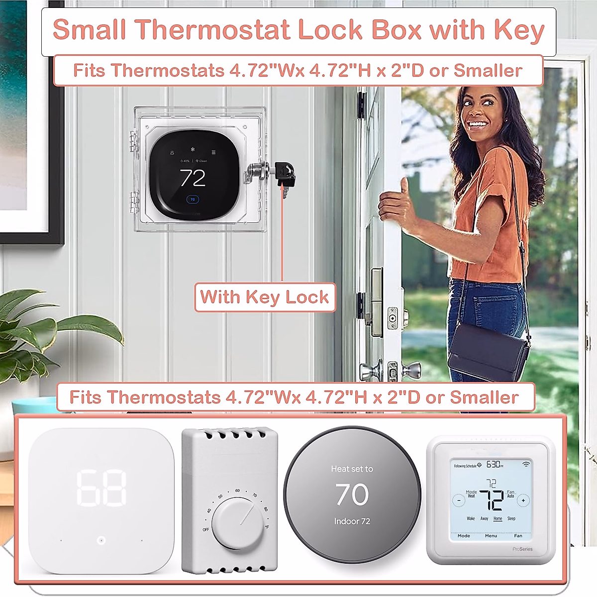 PKLIYH Universal Small Thermostat Lock Box-Thermostat Cover with Key Clear Small Thermostat Guard Fit All Ecobee,Google,Nest Thermostat on Wall 4.72''*4.72''*2'' or Smaller