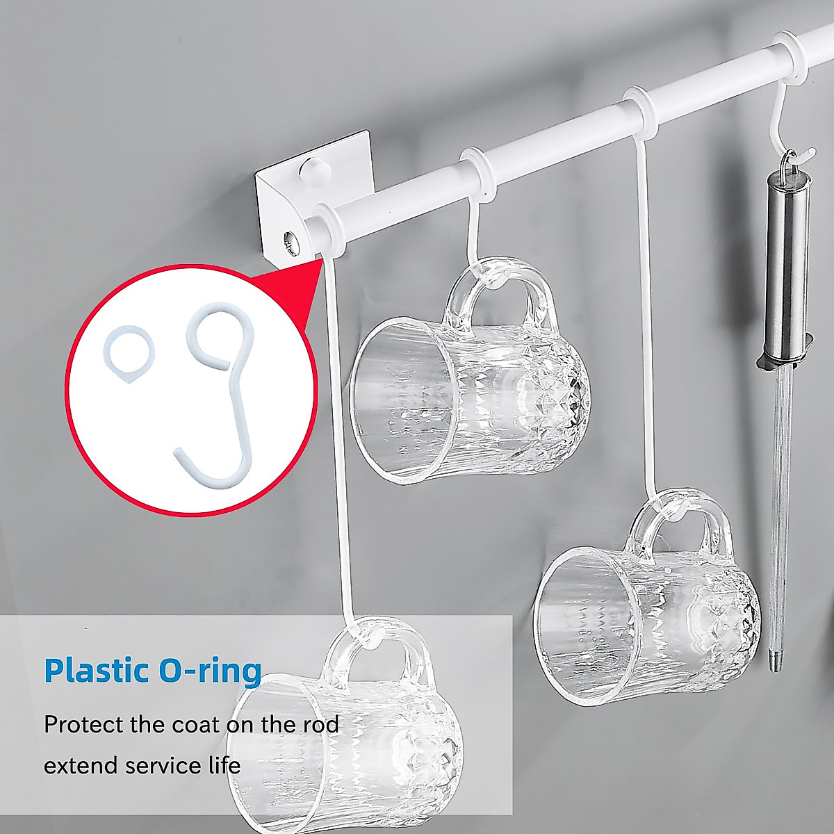 SIMVE Coffee Mug Holder Wall Mounted Modern Hanging Tea Cup Organizer Rack Cafe Bar Hanger Storage Rustic Metal Rail with 8 Utensil Hooks Dining Corner Nook White