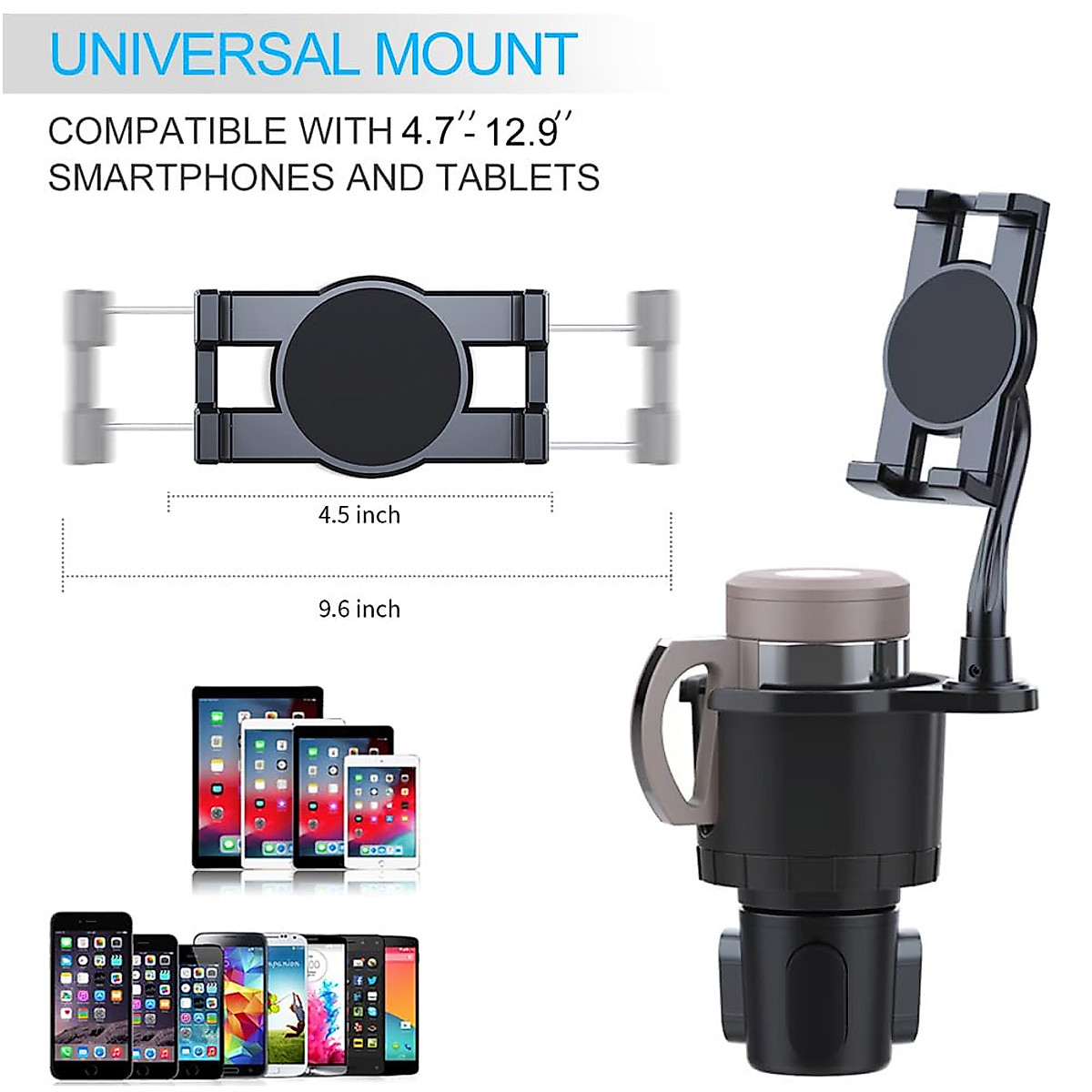 OOLYCIO 2 in 1 Cup Holder Expander Phone Mount for Car, Black, Compatible with iPhone, Samsung, iPad, Tablet, Smartphone