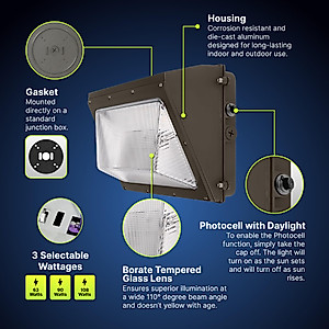 Konlite - 108/90/63W Commercial LED Wall Pack Light with Photocell, IP65 Rated, DLC/ETL Listed Wall Light Fixtures, Wall Lights for Outdoor Lighting, 3 Bright Lvls, Up to 14,040LM, 5000K Daylight