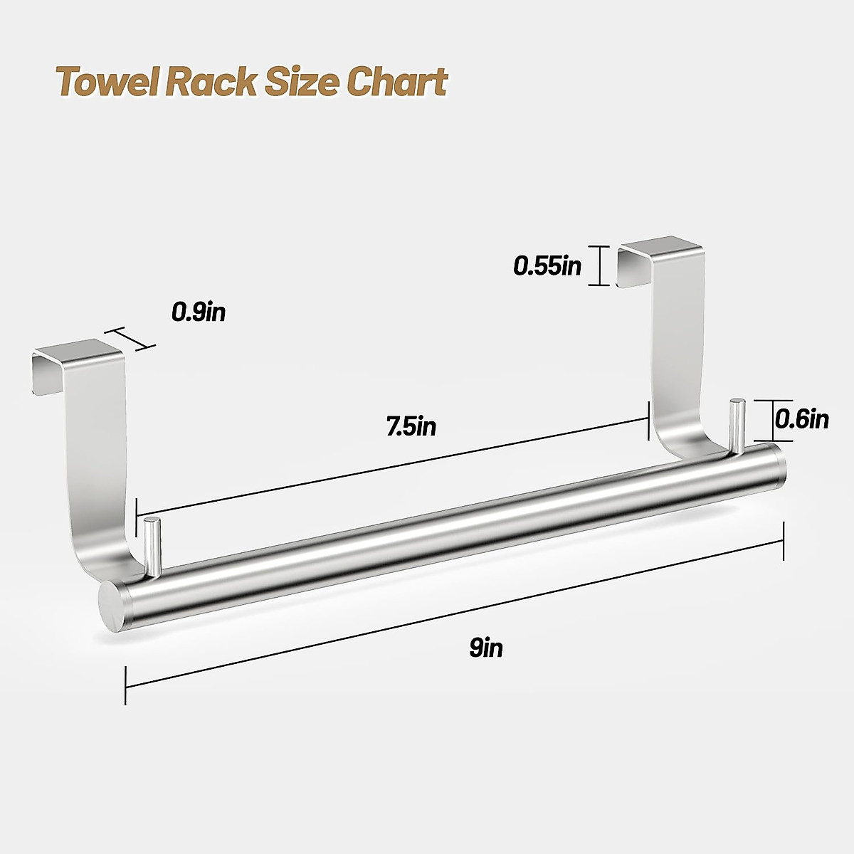 VEHHE Kitchen Towel Holder 2-Piece, 2 Hooks, EVA Foam Protective Mats, 9-Inch Stainless Steel Over The Door Towel Rack (Silver)