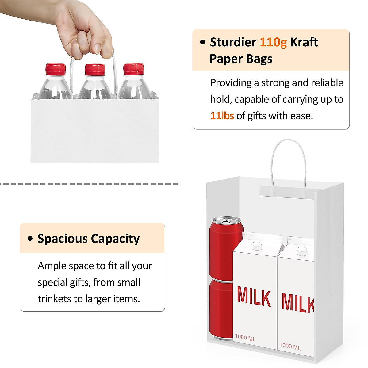 BagDream Paper Bags 10x5x13 50Pcs White Kraft Paper Gift Bags, Shopping Bags, Merchandise Bags, Retail Bags, Party Favor Bags, Gift Bags with Handles Bulk, 100% Recyclable Paper Bags