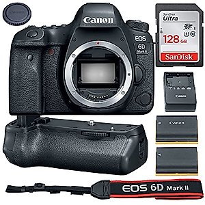 Canon EOS 6D Mark II Full Frame Digital SLR Camera Body Bundle + 128GB Ultra High Speed Memory + Battery Grip and Extra Battery