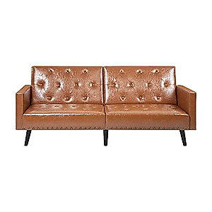 Naomi Home Jolene Tufted Split Back Futon, Mid Century Convertible Sofa Bed for Small Rooms, Faux Leather Couch, Perfect for Your Modern Living Room- Caramel, Faux Leather