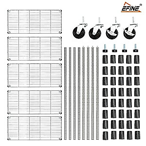 EFINE Chrome 5-Shelf Shelving Units and Storage on 3'' Wheels with 5 Shelf Liners, Adjustable Heavy Duty Steel Wire Shelving Unit for Garage, Kitchen, Office (30W x 14D x 63.7H) Pole Diameter 1 Inch