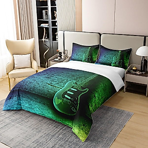 jejeloiu Guitar Duvet Cover 100% Cotton Queen Size Music Themed Guitar Bedding 100% Cotton Set Guitar Instruments Print Comforter Cover Ultra Soft Decor Musical Pattern Bedspread Cover Zipper