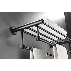 TocTen Bathroom Towel Rack, Towel Shelf for Bathroom with Double Towel Bar Wall Mounted, Premium SUS 304 Stainless Steel Hotel Bath Towel Holder, Anti-Rust Towel Rod with Shelf (24 in, Matte Black)