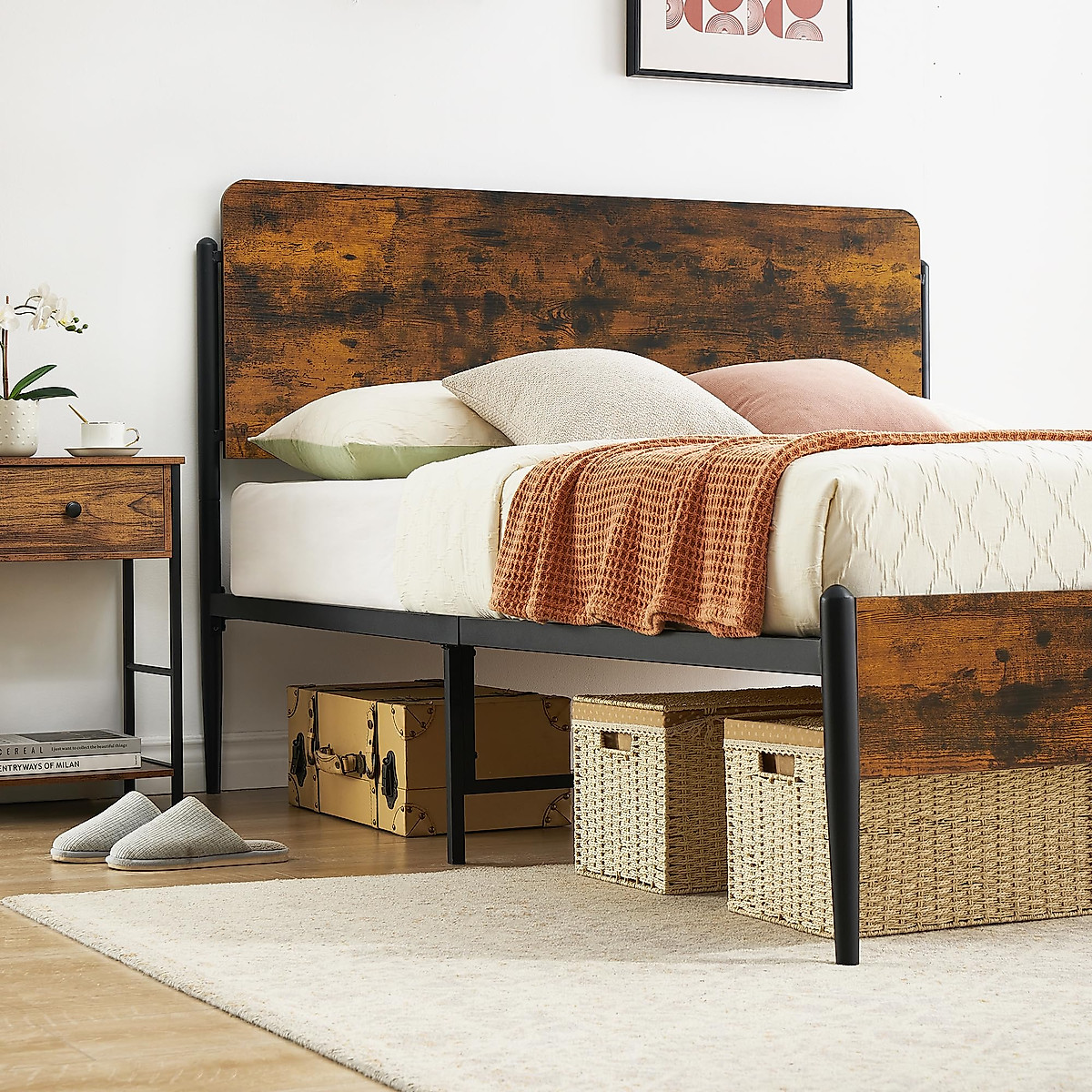 IDEALHOUSE Full Size Metal Bed Frame with Wooden Headboard and Footboard, Platform Full Bed Frame with Under Bed Storage, Strong Metal Slat Support, No Box Spring Needed, Brown