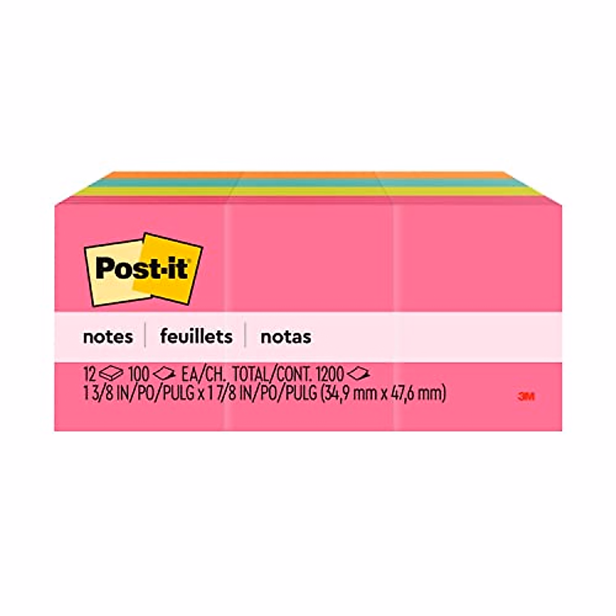 Post-it Mini Notes, 1.5 in x 2 in, 12 Pads, America's #1 Favorite Sticky Notes, Cape Town Collection, Bright Colors (Magenta, Pink, Blue, Green), Clean Removal, Recyclable (653AN)