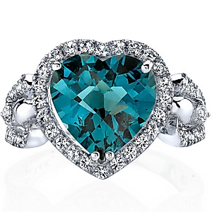 PEORA London Blue Topaz Large Heart Halo Ring for Women 14K White Gold with White Topaz, Genuine Gemstone, 4 Carats 10mm, Size 6