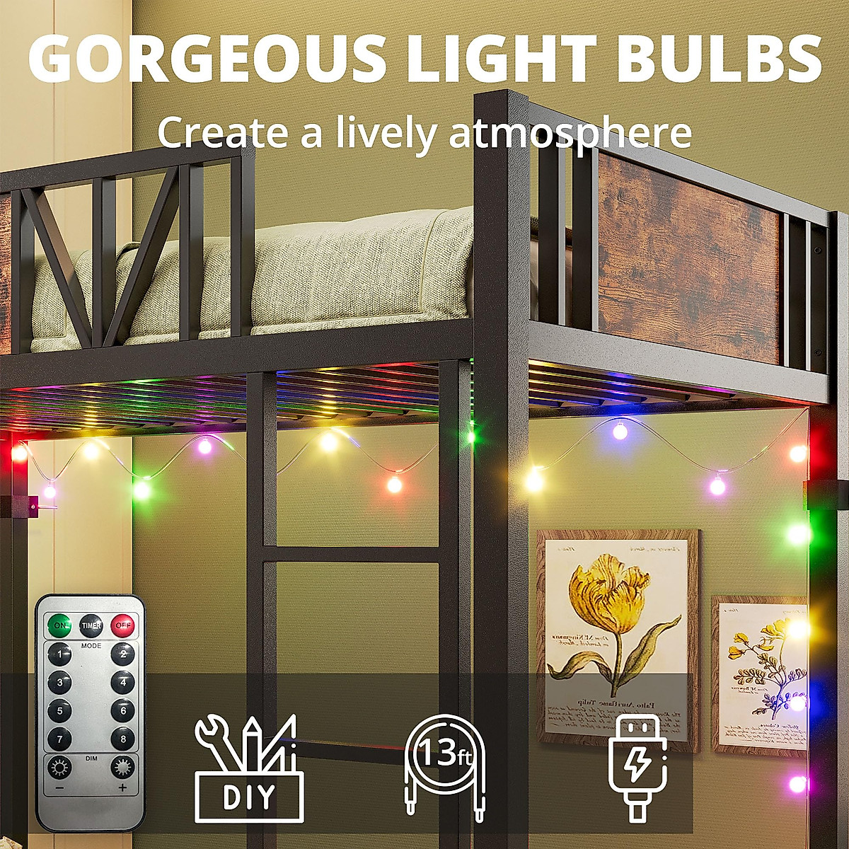 ANCTOR Bunk Bed with Power Outlet and Drawers, Metal Twin Bed Frames with Ladder and LED Lighted, Space-Saving, Noise Free