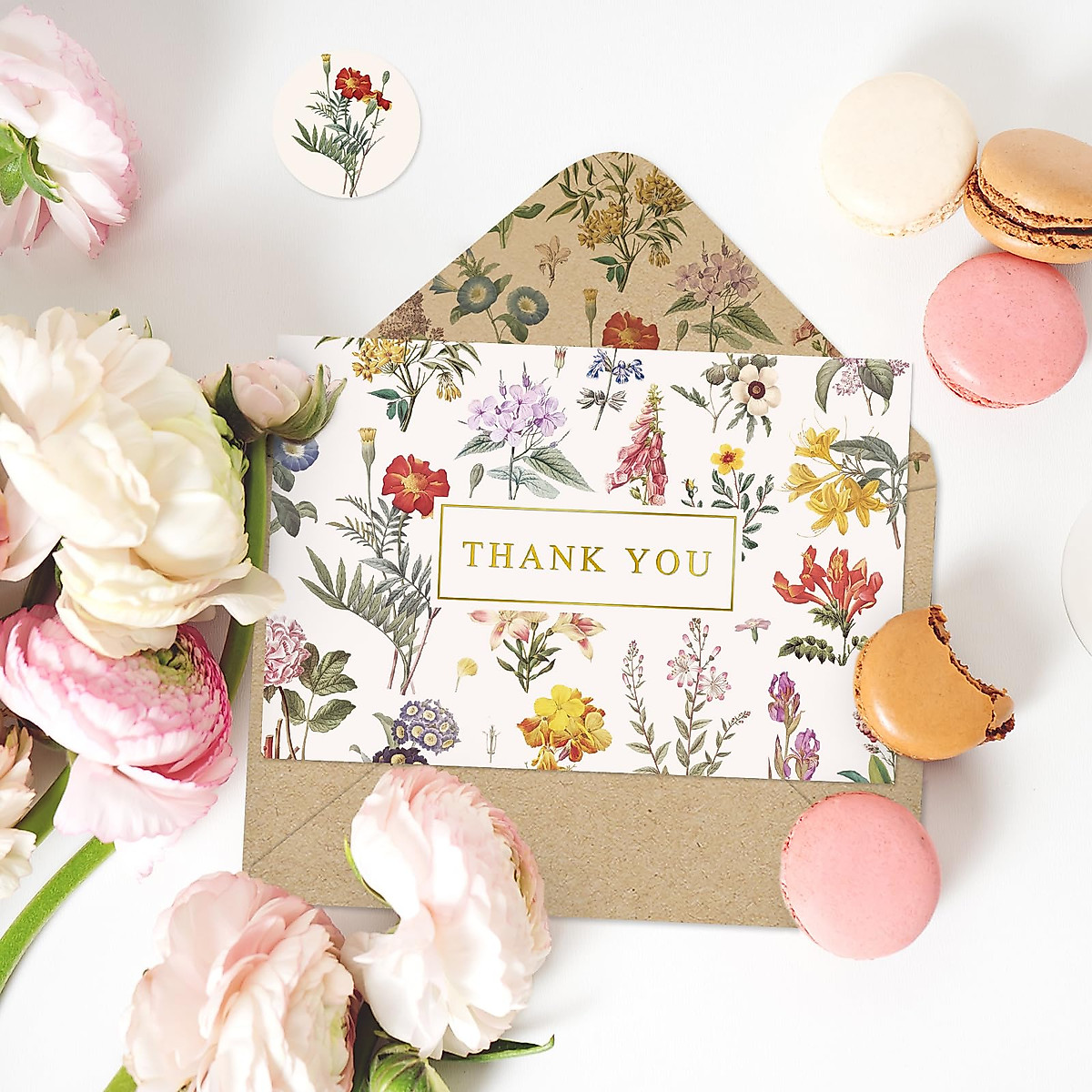 Whaline 24 Pack Wildflower Thank You Cards Vintage Floral Greeting Cards with Envelopes Stickers Gold Foil Retro Spring Blank Note Cards for Wedding Bridal Baby Shower Birthday, 4 x 6 Inch