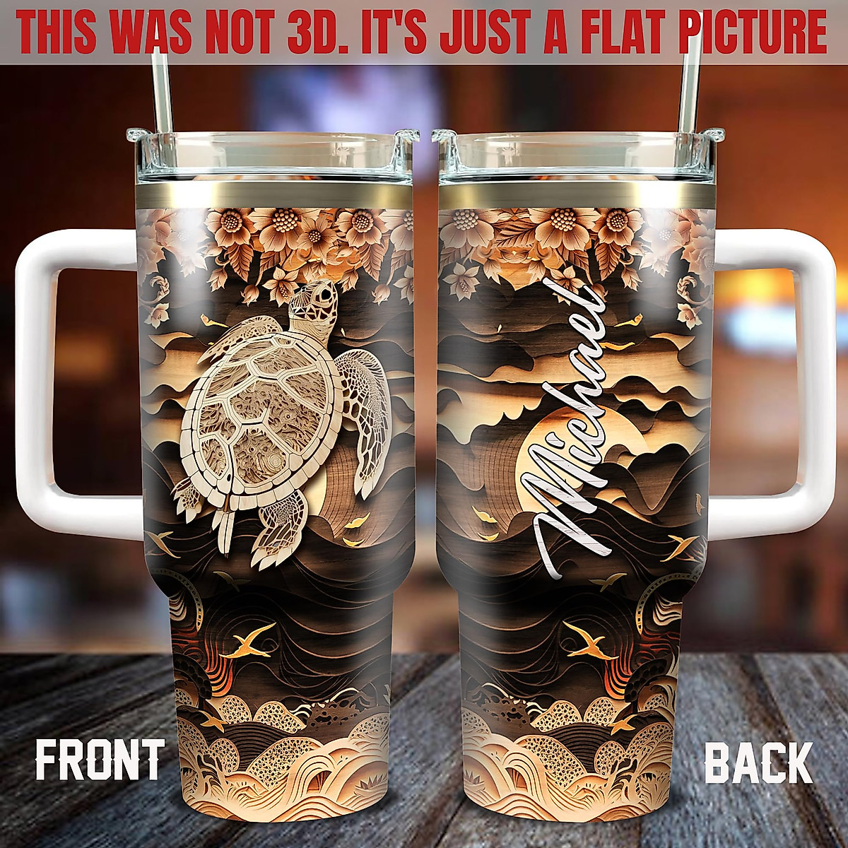 WAZONE Personalized Turtle 40oz Tumbler with Handle and Straw Lid Customized Animal Wooden Drawings Tumblers Stainless Steel Insulated Coffee Travel Mug Custom Gifts for Turtles Lover Men Women