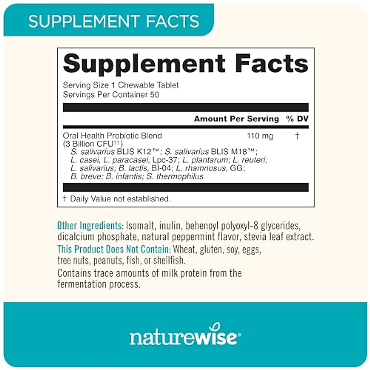 NatureWise Oral Probiotics for Teeth & Gums & Fresh Breath* - Chewable Sugar-Free Mint Tablet - Dental Support for Kids & Adults w/ BLIS K12 & M18 - Non-GMO - 50 Count[50-Day Supply]