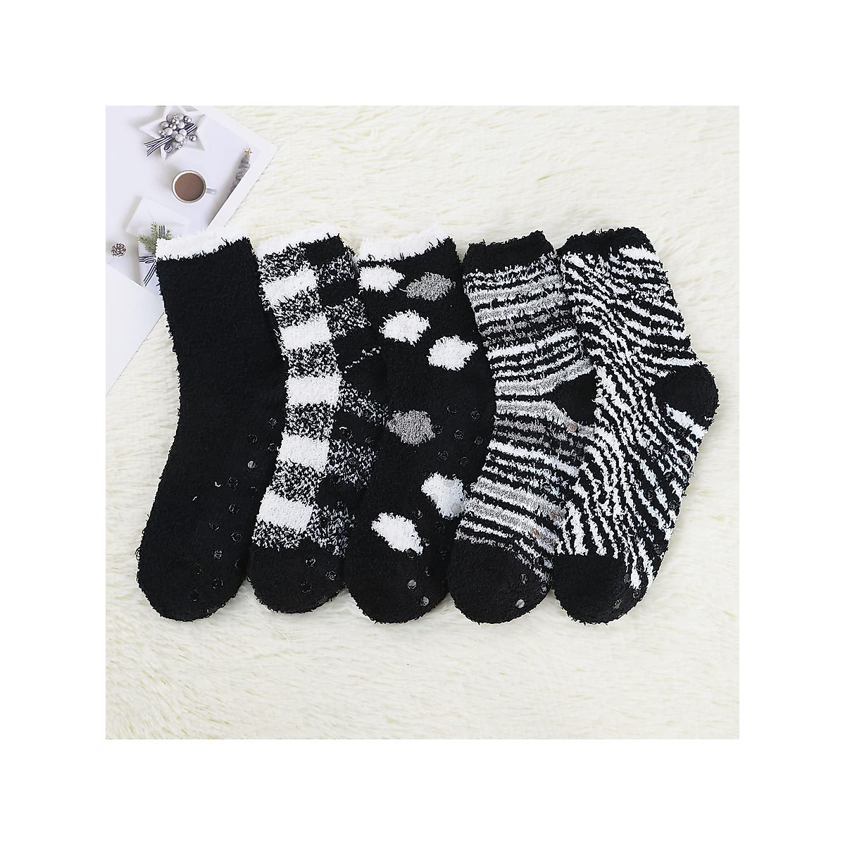 Cosy Encounter Womens Fuzzy Slipper Socks Winter Warm Anti Slip Socks Comfy Thick Thermal Socks Casual Home 5 Pairs White Black One Size, WDCEBS4072SXG5PSN