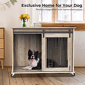 Lyromix Dog Crate Furniture with Divider for 2 Small to Medium Pets, Wooden Cage End Table, Heavy Duty Indoor Puppy Kennel with Removable Divider and Sliding Door, Grey, 39.37'W*25.2'D*28.94'H