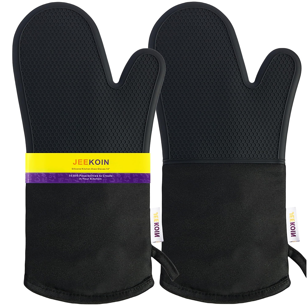 JEEKOIN Professional Oven Mitts Flexible and Durable, Honeycomb Silicone Oven Mitt Heat Resistant 581, Extra Long Cooking Protection BBQ Gloves, Non-Slip Pot Holders, BPA-Free, 14 Inch 1 Pair, Black